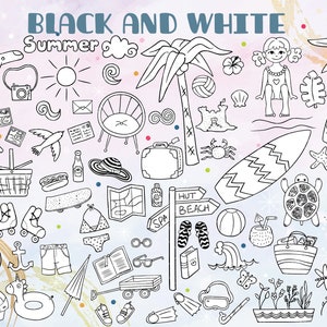 Summer Season Doodles Hand Drawn Beach Coconut Tree Clip Art Sun Ice ...