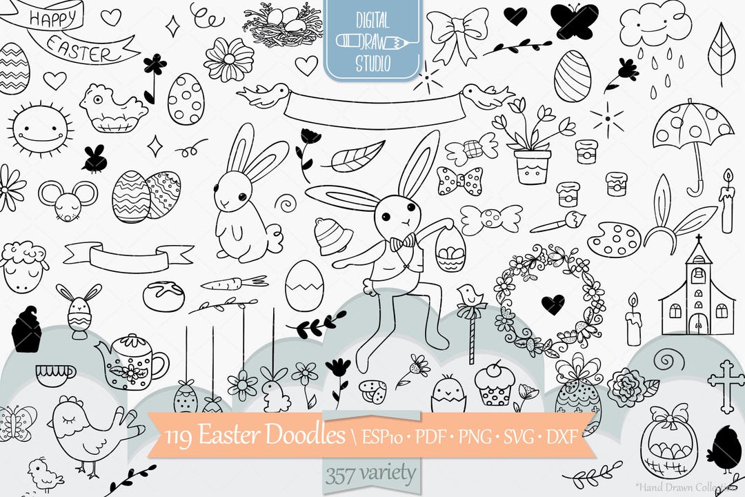 Easter Doodles | Hand Drawn Decorated Eggs + Bunny Clip Art | Flowers ...