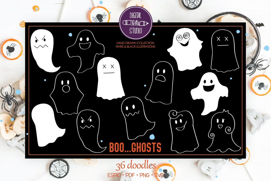 Ghosts Clip Art White Lines Hand Drawn Halloween Outline Drawing Cute ...