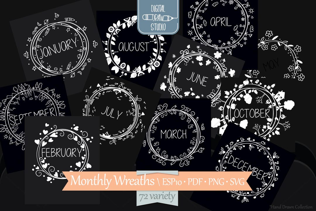 Month Wreaths | Hand Drawn White Round Frames Monthly Calendar | 4 ...