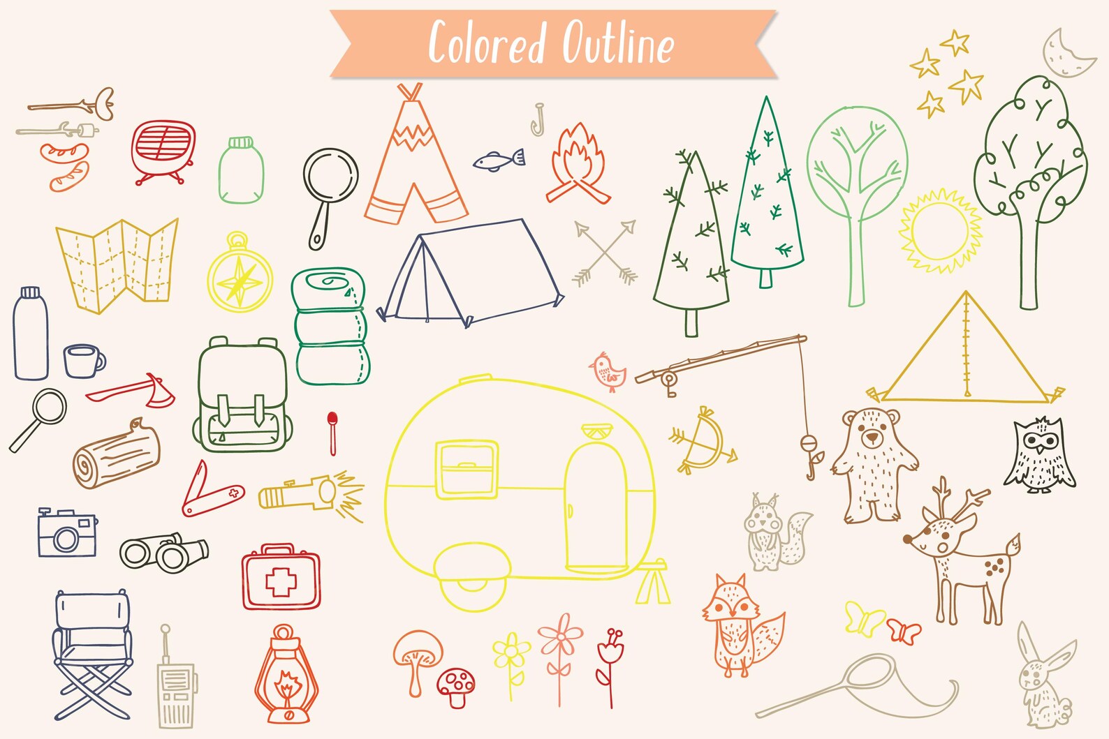 Camping Doodles Colored Clip Art | Hand Drawn Camper, Fishing, Outdoor ...