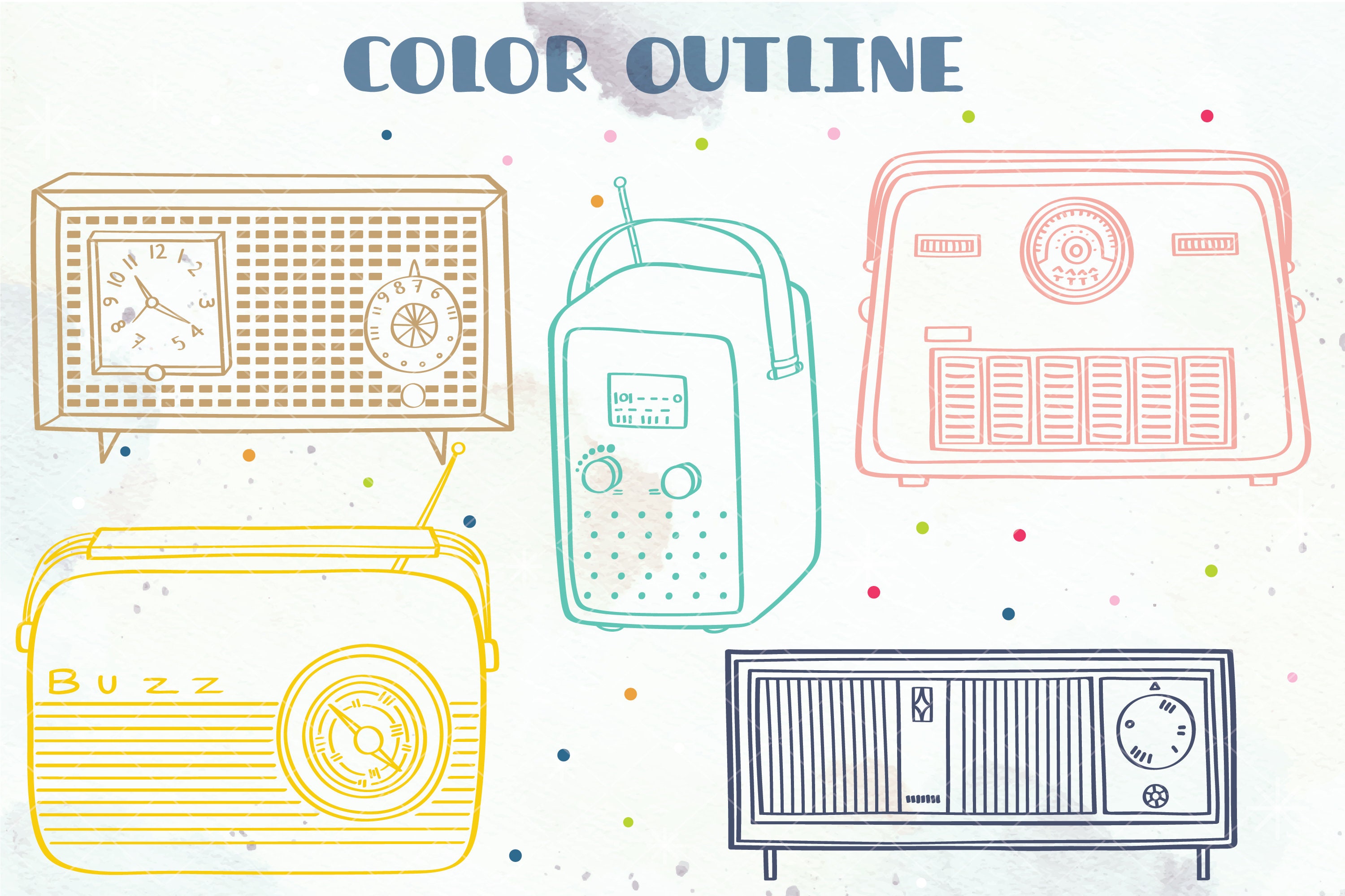 Vintage Radios Colored Hand Drawn Retro Alarm Clock Clip Art | Etsy