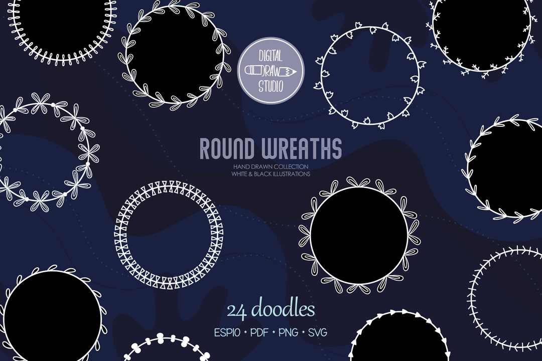 12 Wreaths Hand Drawn Graphic White Lines Frames Floral Borders Outline ...