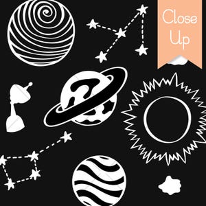 Outer Space Hand Drawn Graphics | White Outline | Planets, Astronauts ...
