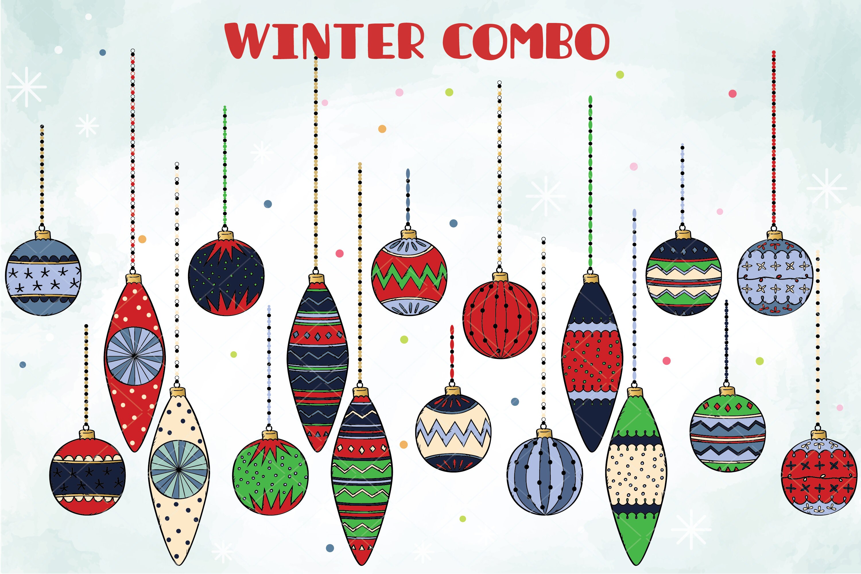 Hand Drawn Retro Ornaments Colored Clip Art Christmas Tree | Etsy