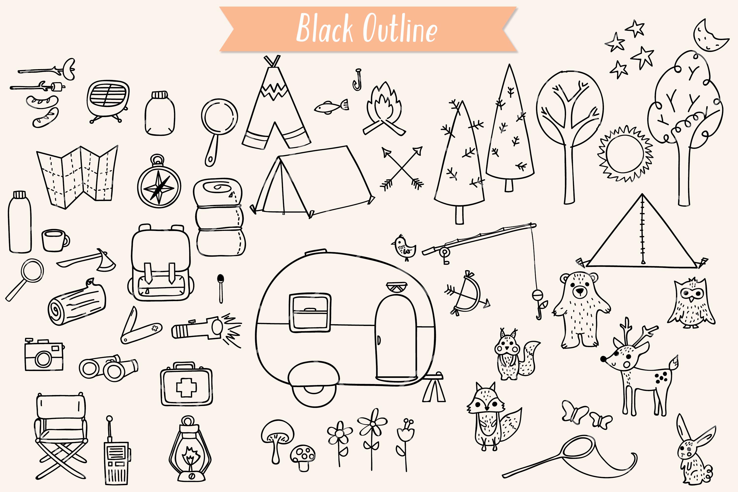 Camping Doodles Clip Art | Hand Drawn Camper, Fishing, Outdoor, Nature ...