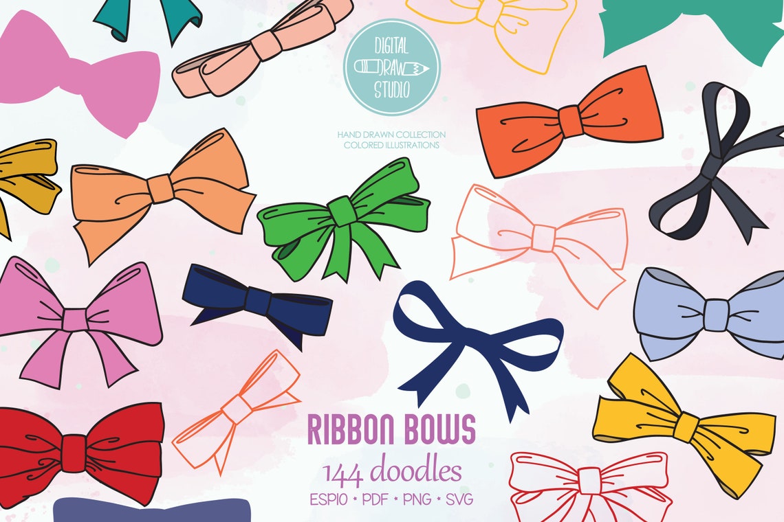 Bows Clip Art Hand Drawn Bow Tie Colorful Hair Ribbons - Etsy