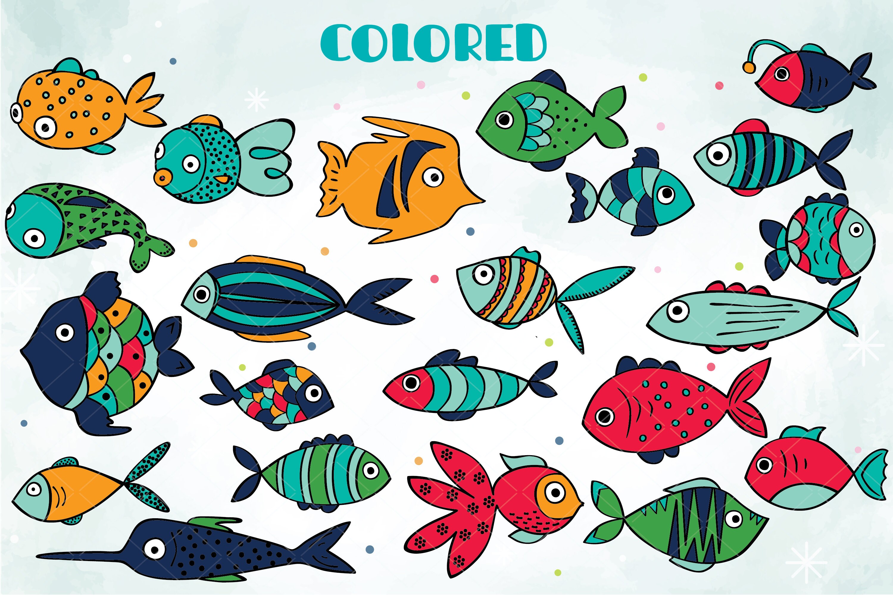 Fish Hand Drawn Graphic Colorful Tropical Animal Outline - Etsy