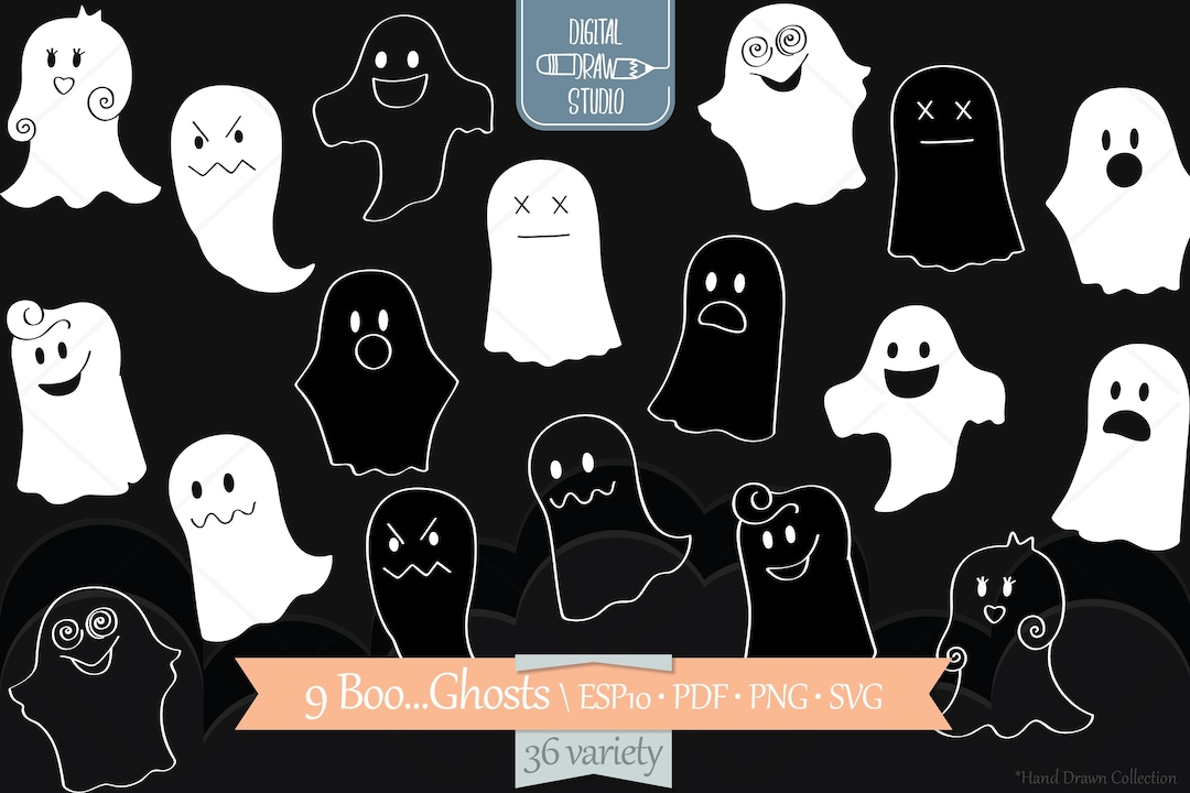 Ghosts Clip Art | White Lines | Hand Drawn Halloween Outline Drawing ...