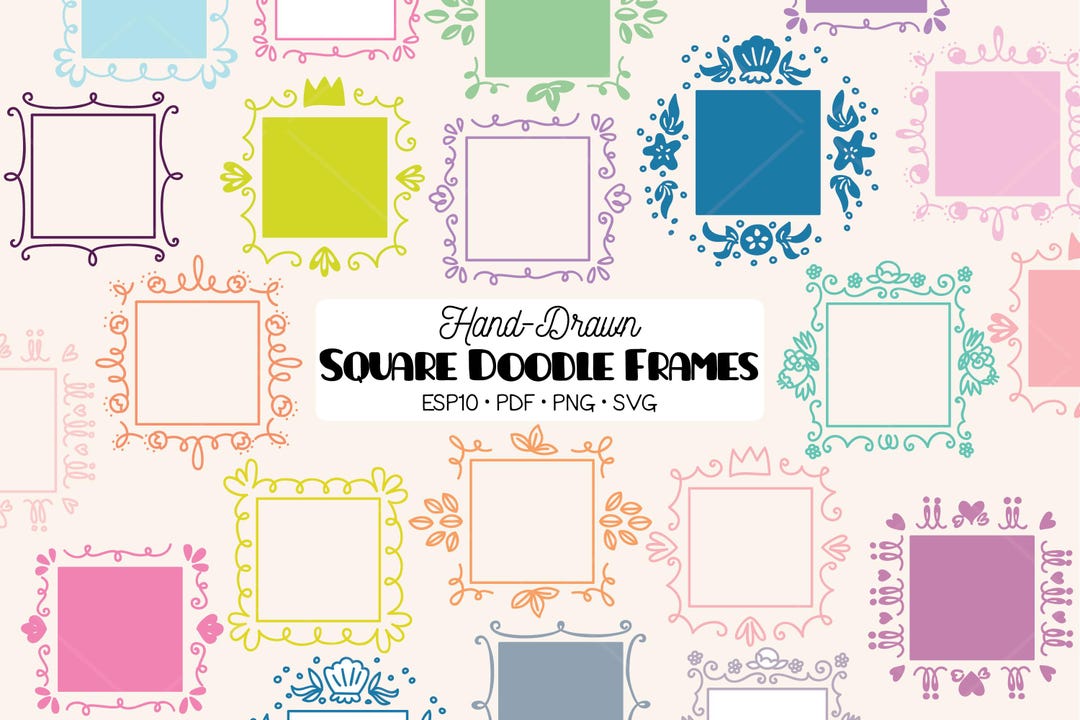 Square Doodle Frames Colored Clipart | Hand Drawn Floral Border ...