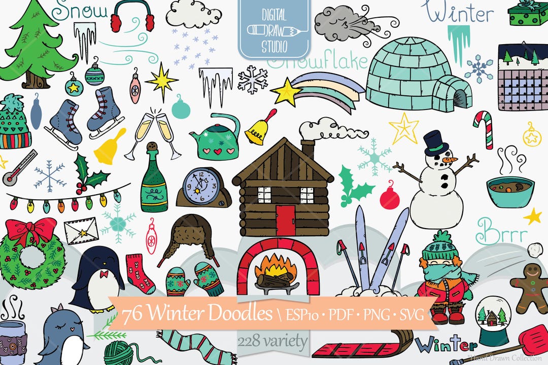 Winter Season Doodles | Hand Drawn Mittens + Igloo Clip Art | Snowman ...