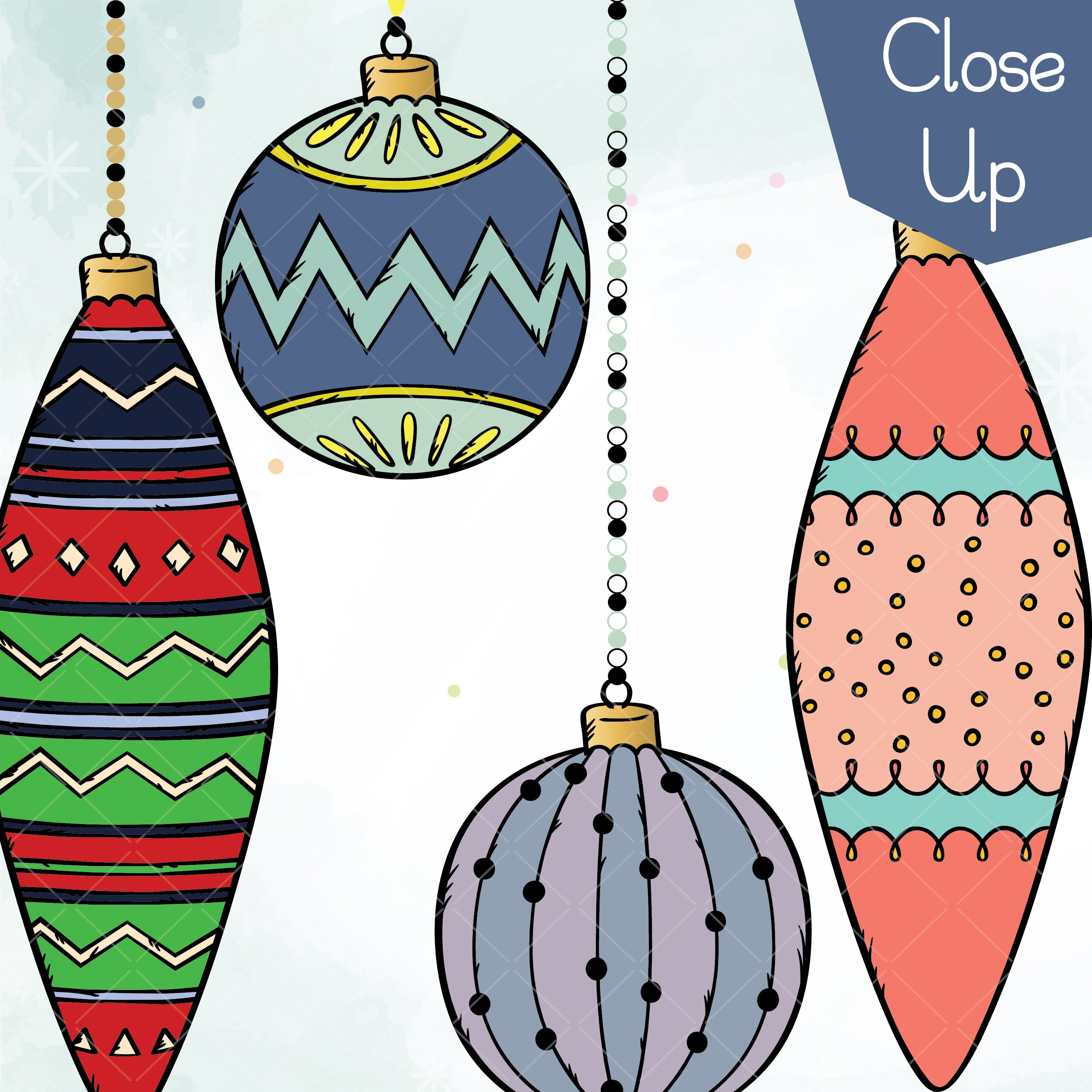 Hand Drawn Retro Ornaments Colored Clip Art Christmas Tree | Etsy