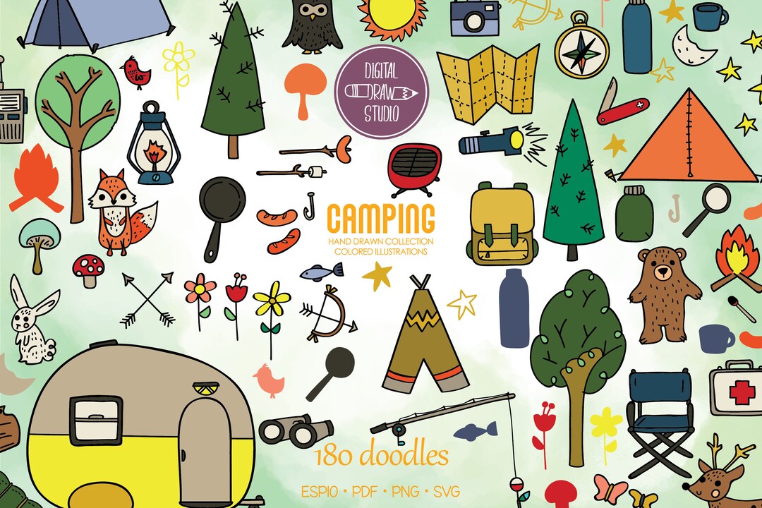 Camping Colored Doodles Hand Drawn Vintage Trailer & Outdoor Clip Art ...