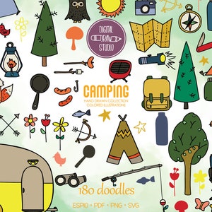 Camping Colored Doodles Hand Drawn Vintage Trailer & Outdoor Clip Art ...