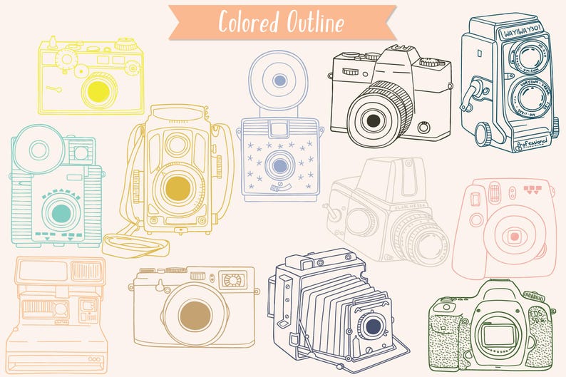 Vintage Camera Colored Clipart: Hand-drawn Retro Kodak, Polaroid (png ...