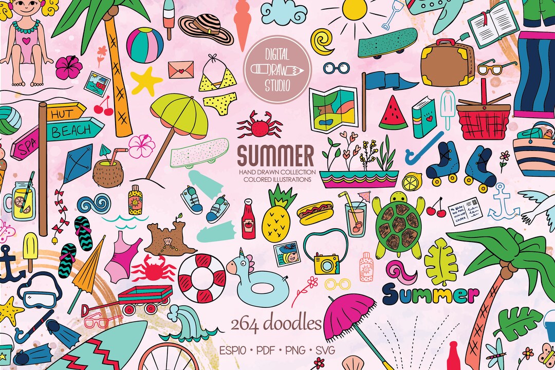 Summer Season Colored Doodles Hand Drawn Beach Coconut Tree Clip Art ...