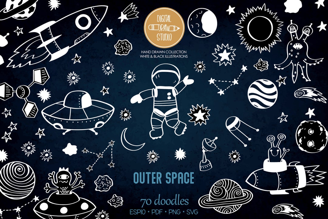 Outer Space Hand Drawn Graphics White Outline Planets, Astronauts and ...