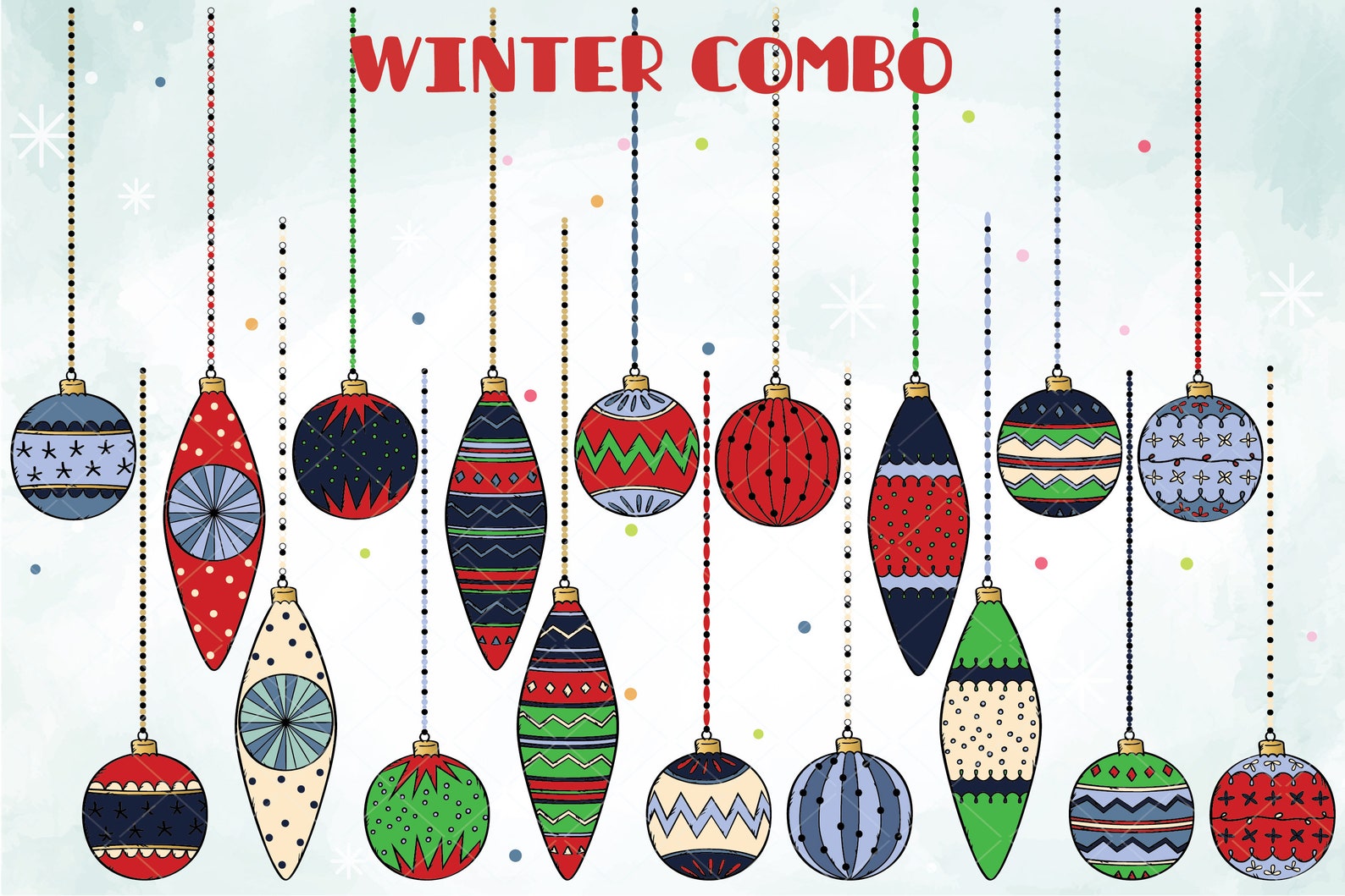 Hand Drawn Retro Ornaments Colored Clip Art Christmas Tree | Etsy