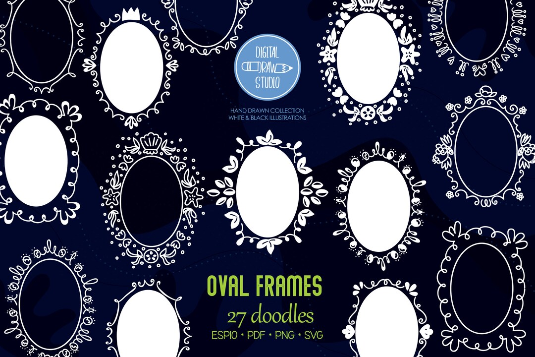 White Oval Doodle Frames Hand Drawn Floral Border & Decorative Outline ...