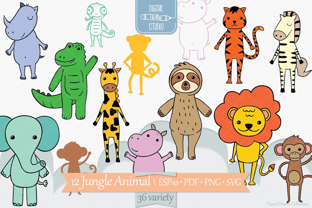 Jungle Animal Characters Colored Clipart Hand Drawn Elephant, Lion ...