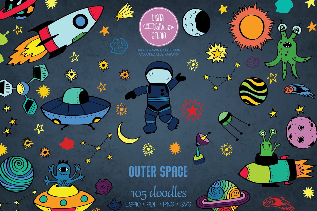 Colored Outer Space Hand Drawn Graphics Planets, Astronauts and Rocket ...