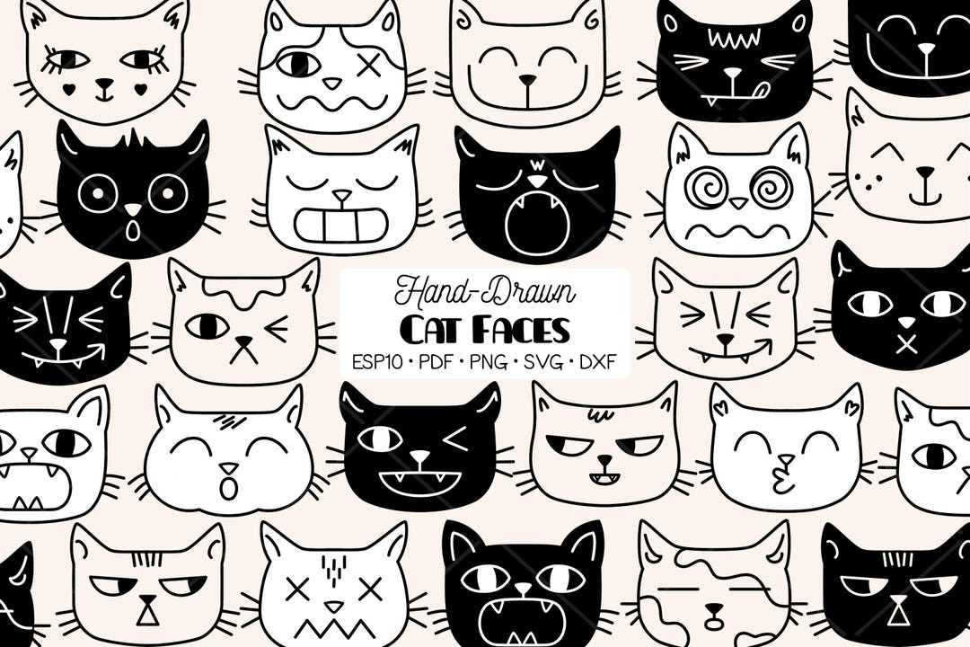 Cat Faces Clipart | Kawaii Animal Head Doodles (png, Svg, Eps, Pdf, Dxf ...