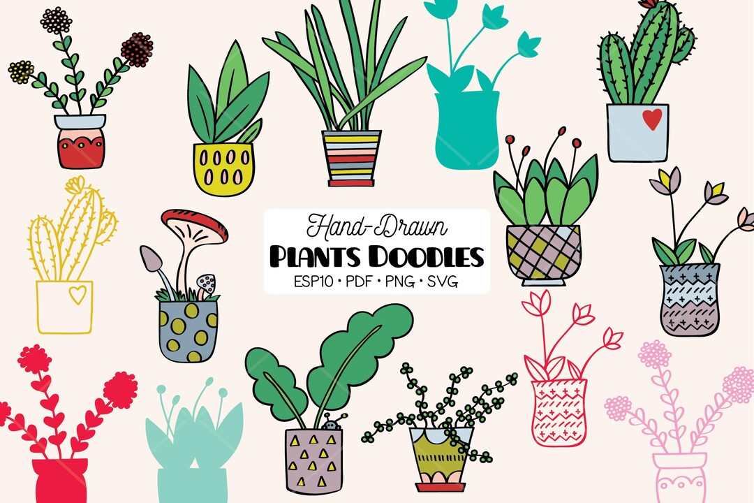 Colored House Plants Clipart | Hand-drawn Cactus, Tropical Foliage (png ...