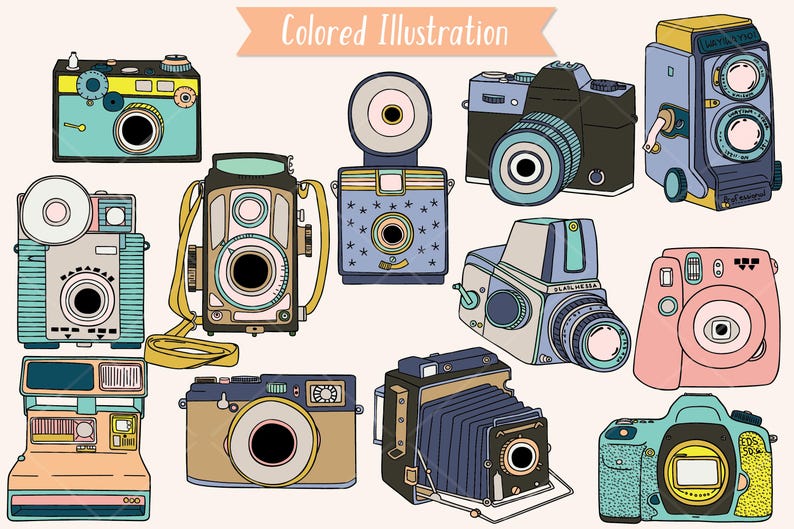 Vintage Camera Colored Clipart: Hand-drawn Retro Kodak, Polaroid (png ...