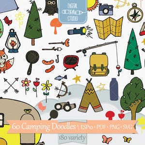 Camping Colored Doodles | Hand Drawn Vintage Trailer & Outdoor Clip Art ...