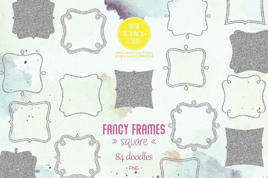 Square Frame Hand Drawn Graphic Silver Glitter Fancy Border Outline ...