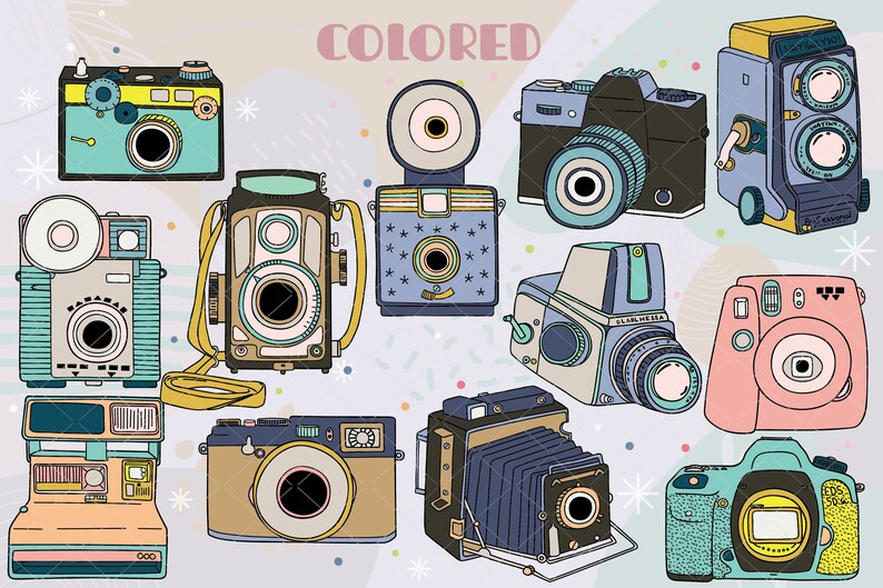 Vintage Cameras Colored Hand Drawn Polaroid Clip Art Retro - Etsy Canada