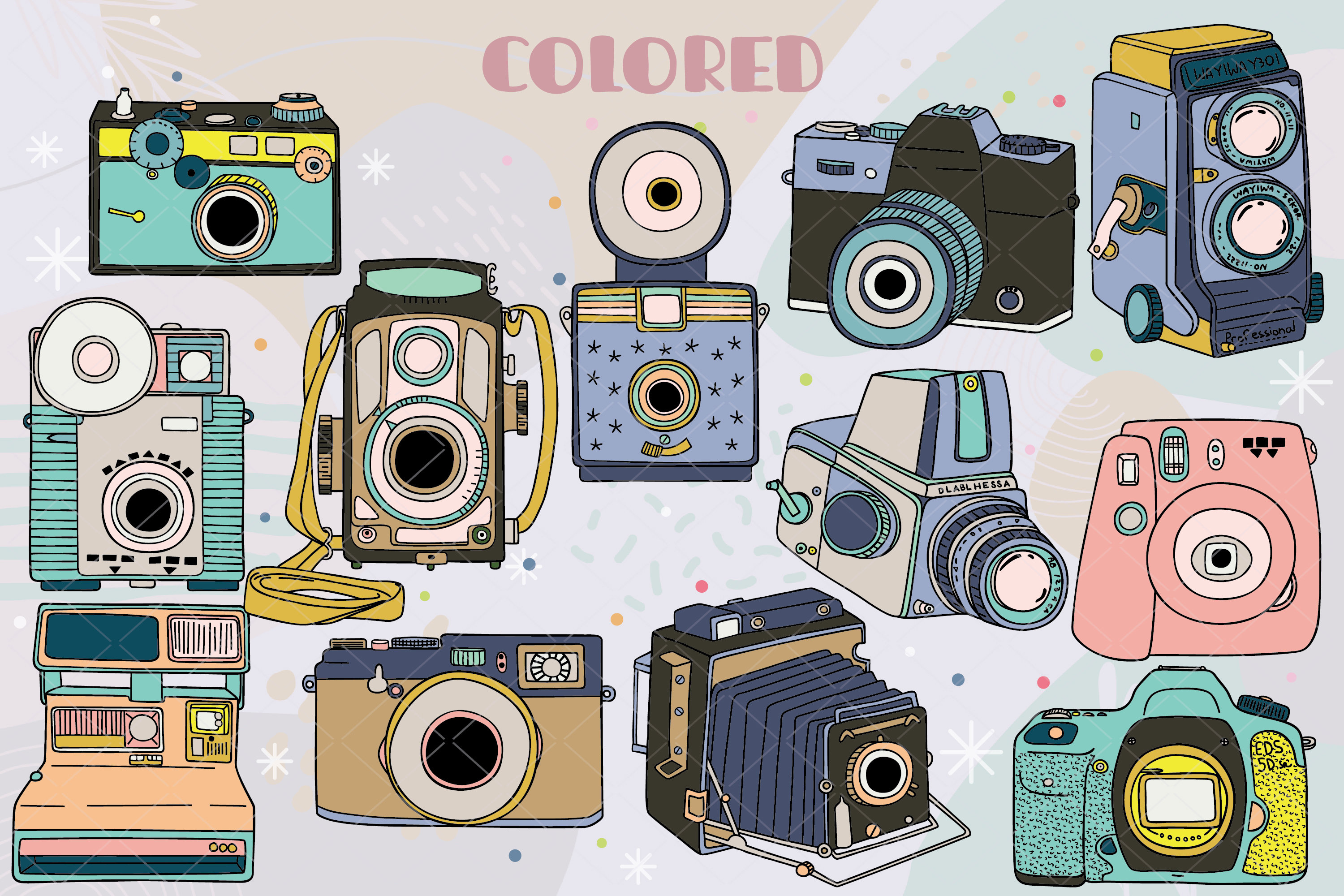 Vintage Cameras Colored Hand Drawn Polaroid Clip art Retro | Etsy
