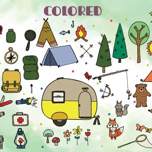 Camping Colored Doodles Hand Drawn Vintage Trailer & Outdoor Clip Art ...