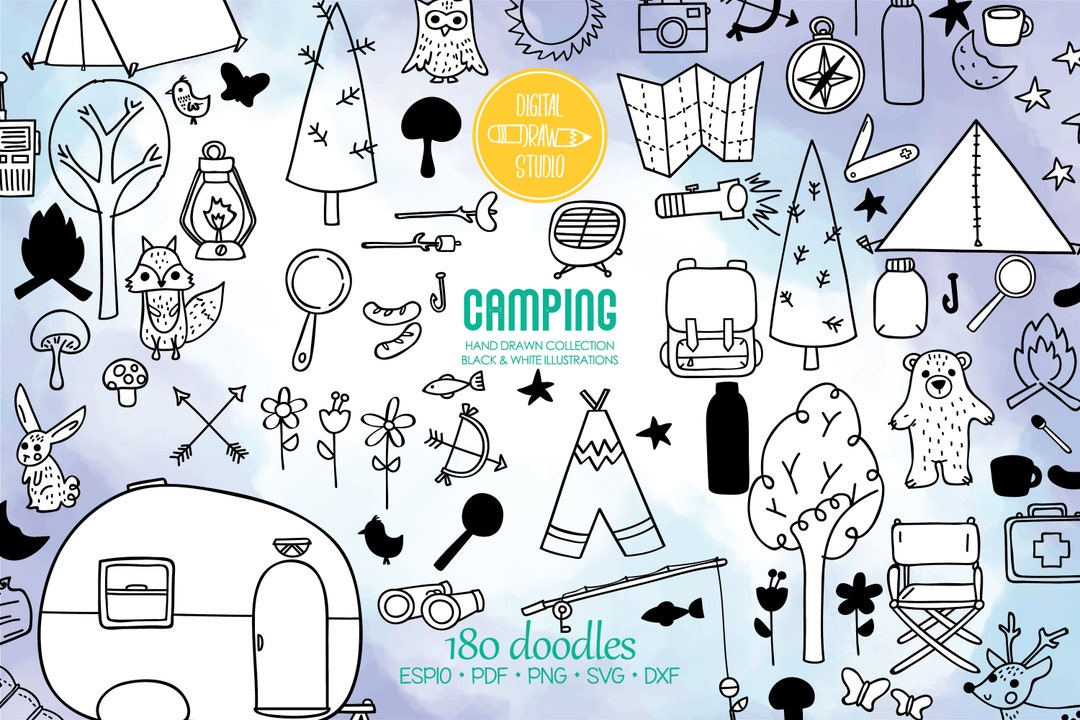 Camping Doodles Hand Drawn Vintage Trailer & Outdoor Clip Art Fishing ...