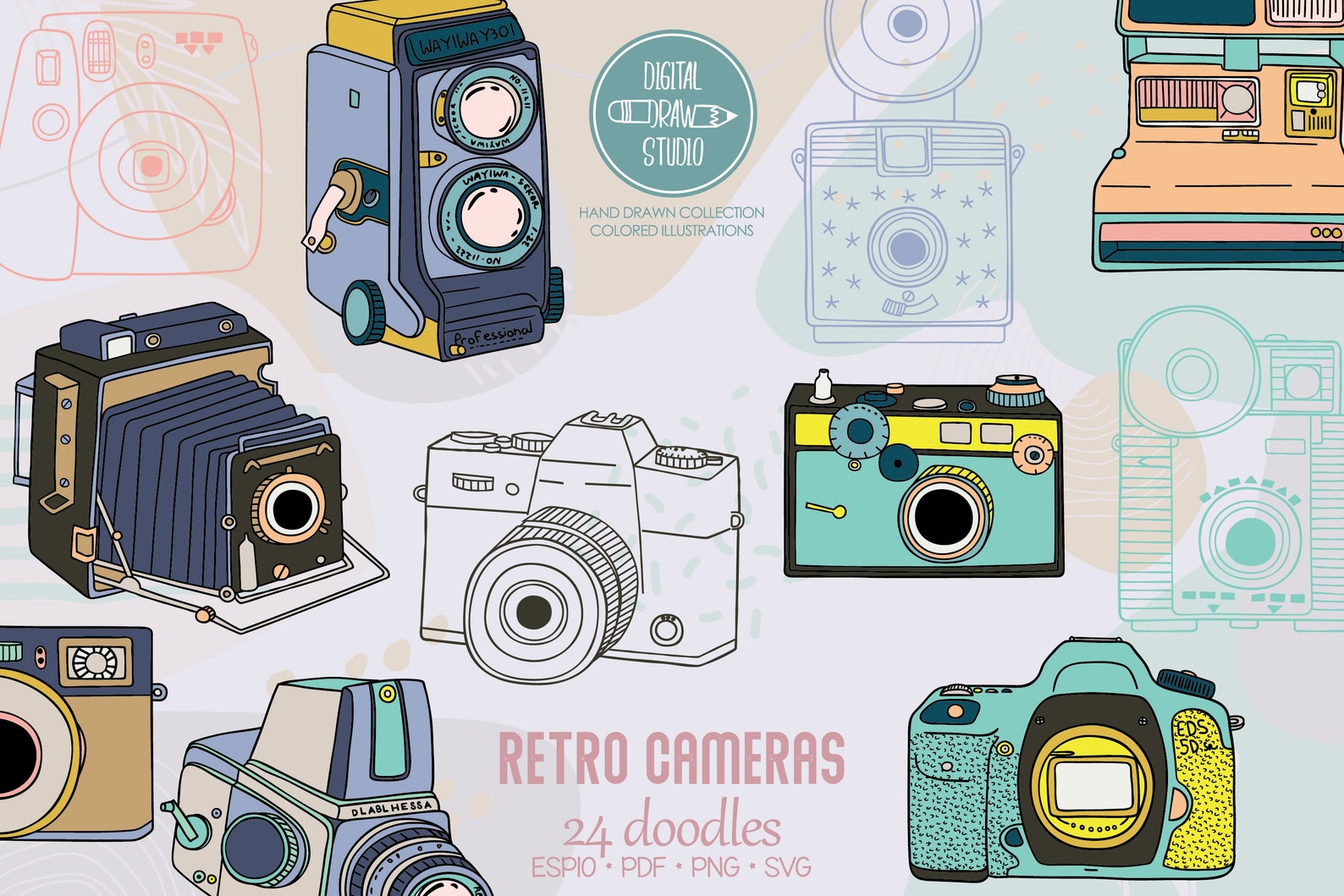 Vintage Cameras Colored Hand Drawn Polaroid Clip Art Retro - Etsy Canada