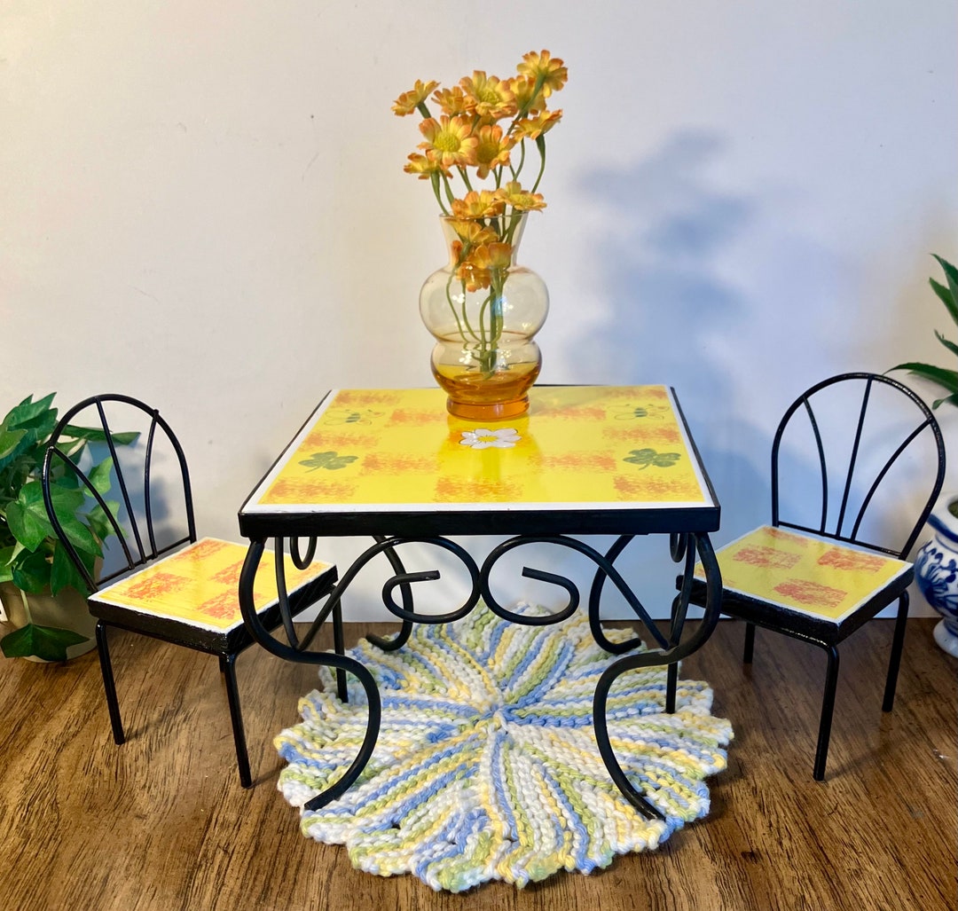 1:6 Doll Dinette Set OOAK Wrought Iron and Tile Table With 2 Chairs of ...