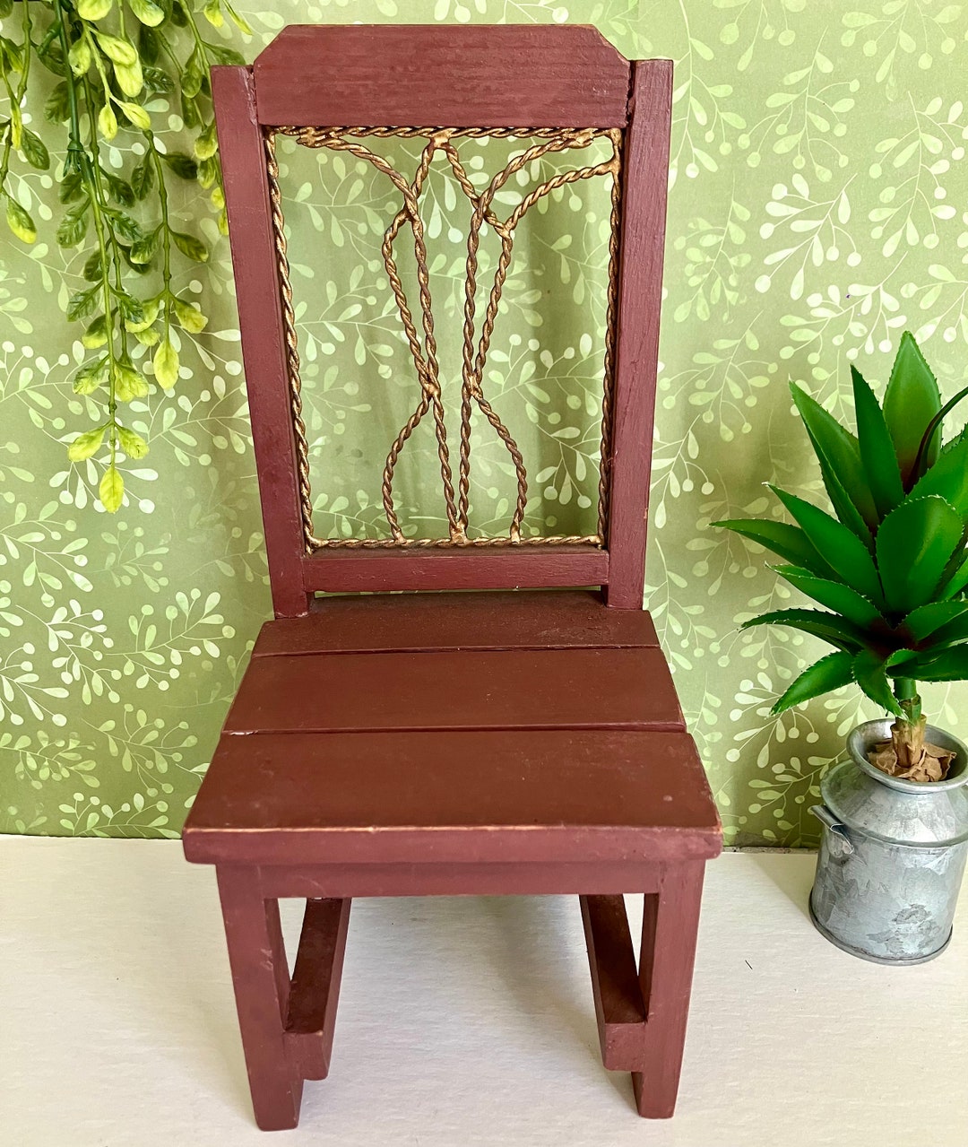 Wooden Doll Chair Display 11 1/2 Tall With Twisted Gold Metal Chairback ...