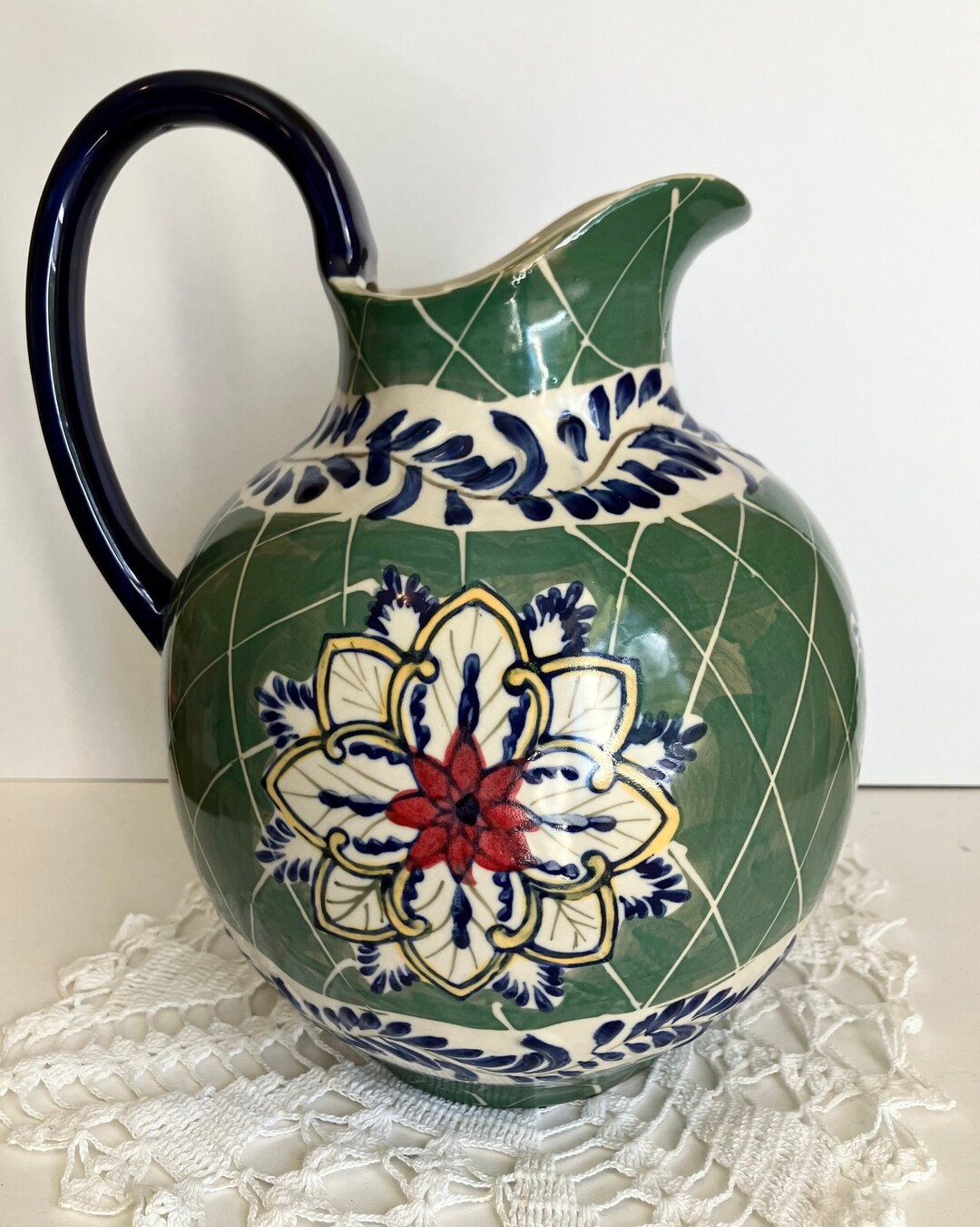 Italian Style Design Clay Pitcher Embossed & Handpainted 10 Tall ...