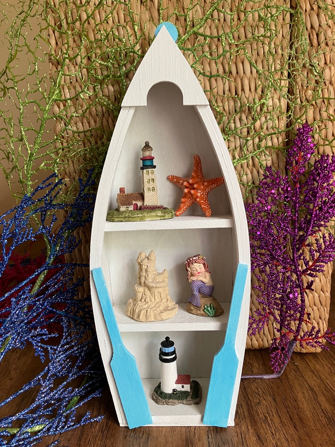 Nautical Curio Boat Shelf 13 1/2 Wood Light Blue & White - Etsy