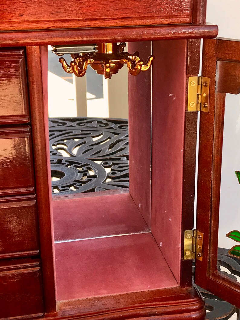 Jewelry Armoire With Flower Glass Door Vintage Wooden Etsy
