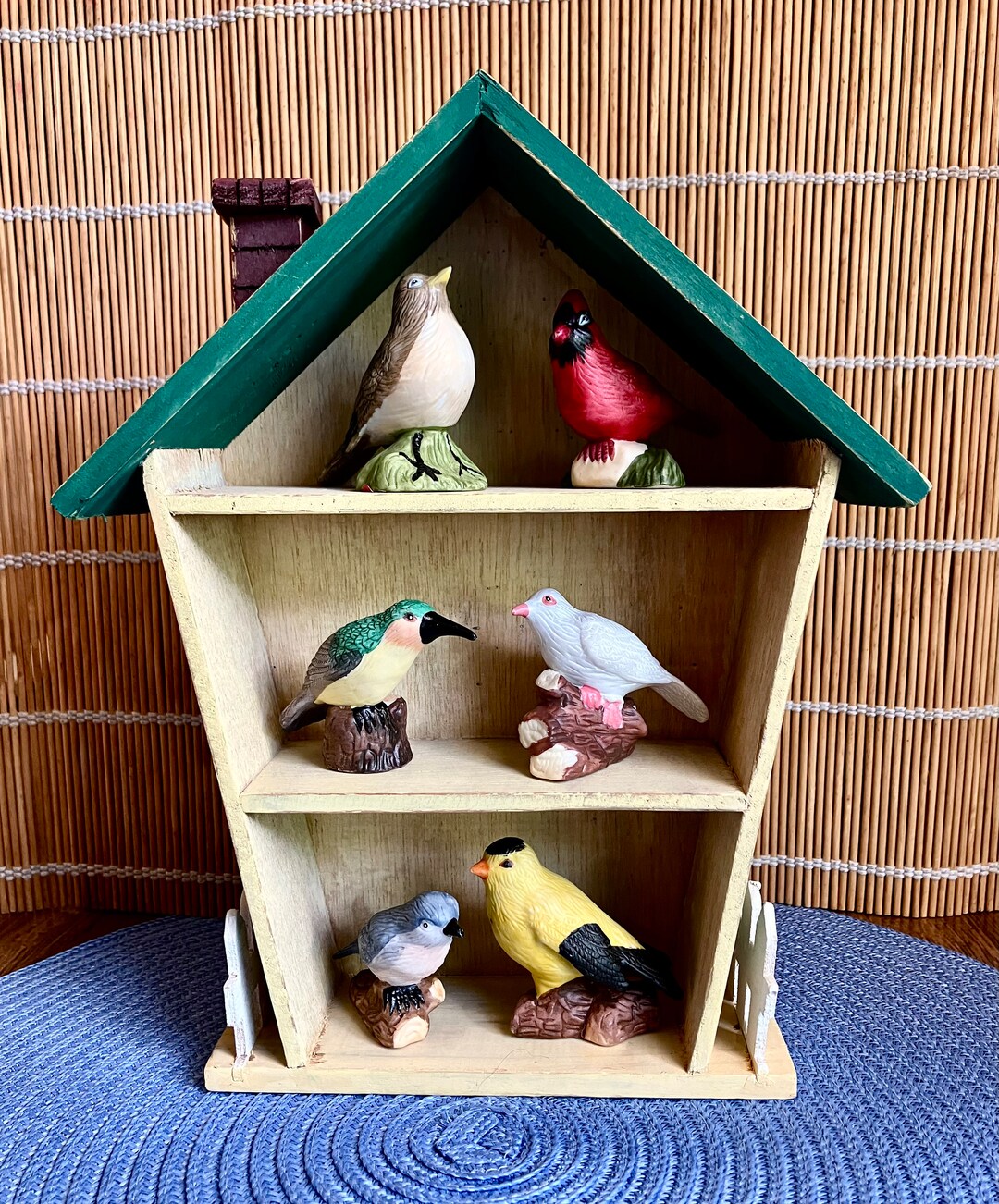 Mini Birdhouse Curio Shelf With 6 Ceramic Birds - Etsy