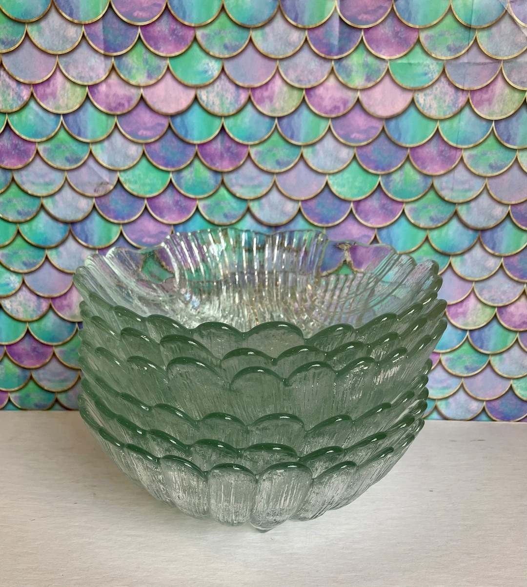 Scallop Shell Glass Bowls, Footed and Textured,hand Poured Clear Glass ...