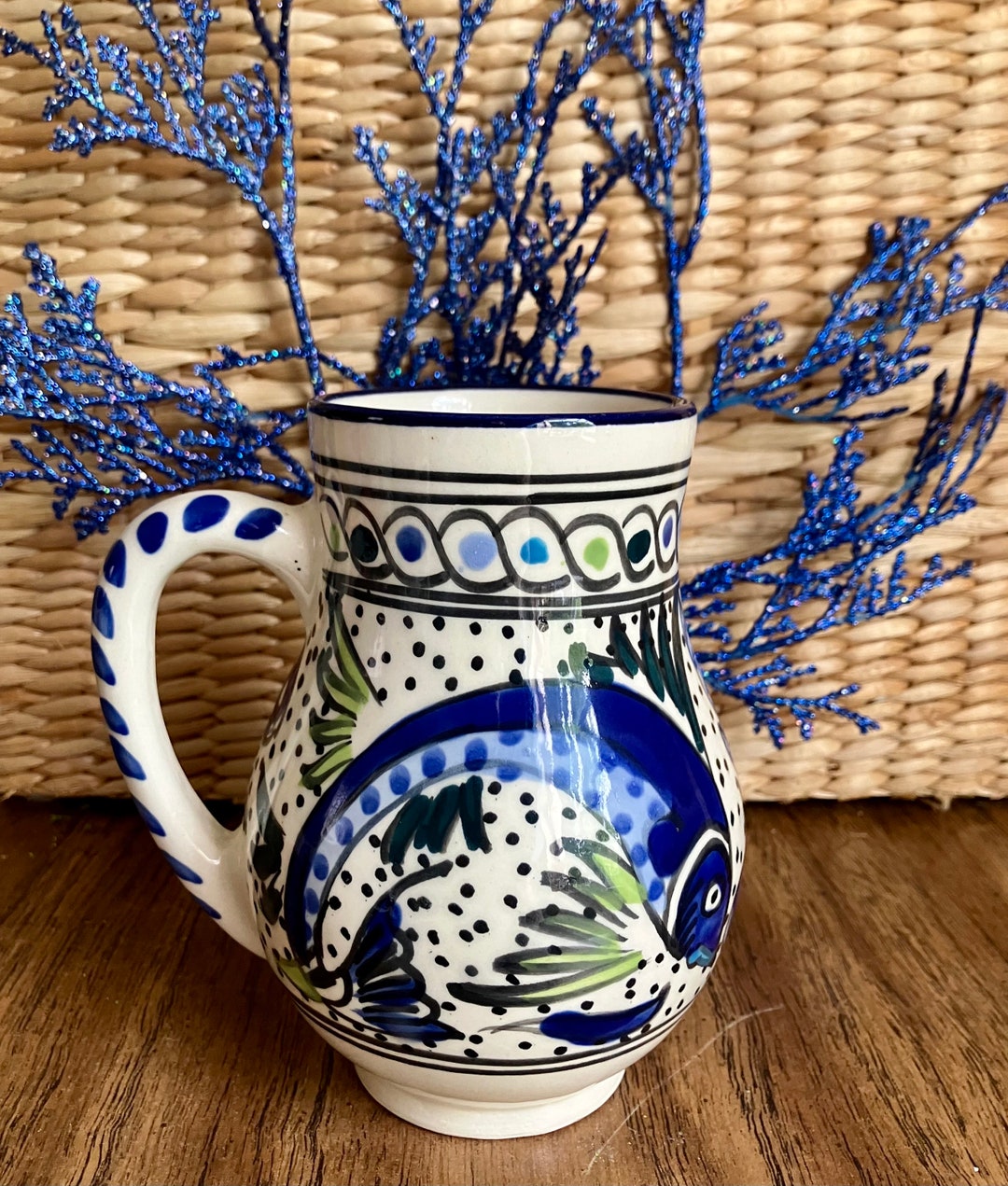 Le Souk Ceramique Blue Fish Pottery Mug/small Pitcher/vase, Vintage ...
