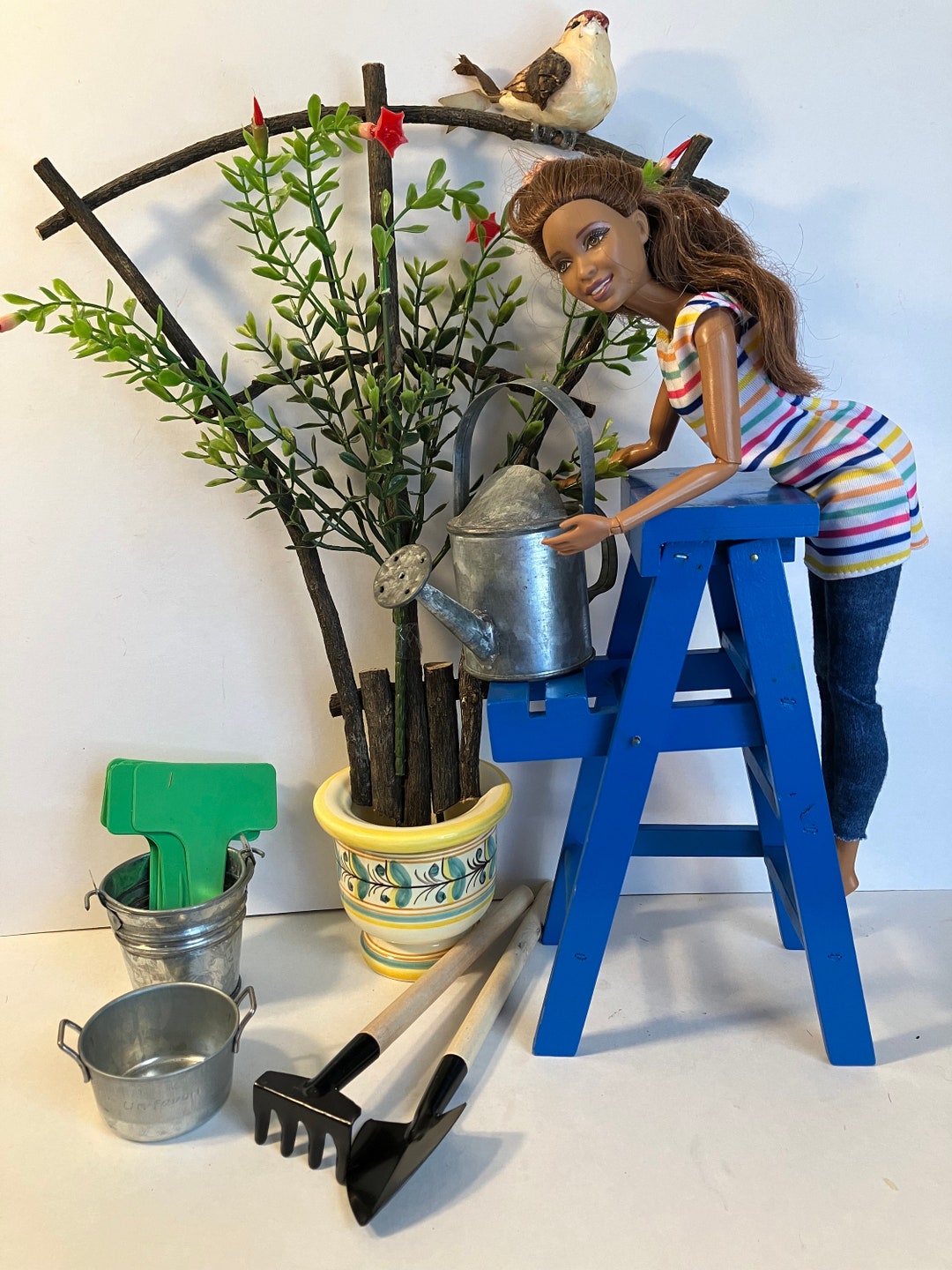 Barbie Size Garden Set With Trellis, Ladder, Gardening Equipment and ...