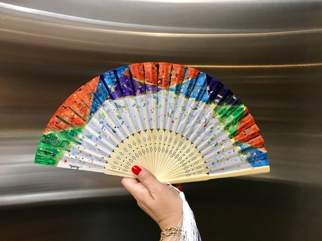 Hand Fan, Hand Painted Multi-color Triangles Outdoor Wedding, Concerts ...