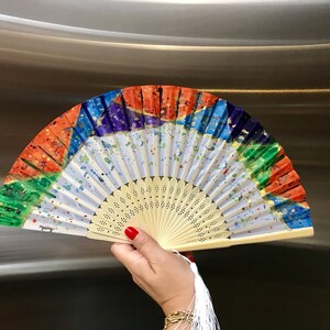 Hand Fan, Hand Painted Multi-color Triangles Outdoor Wedding, Concerts ...