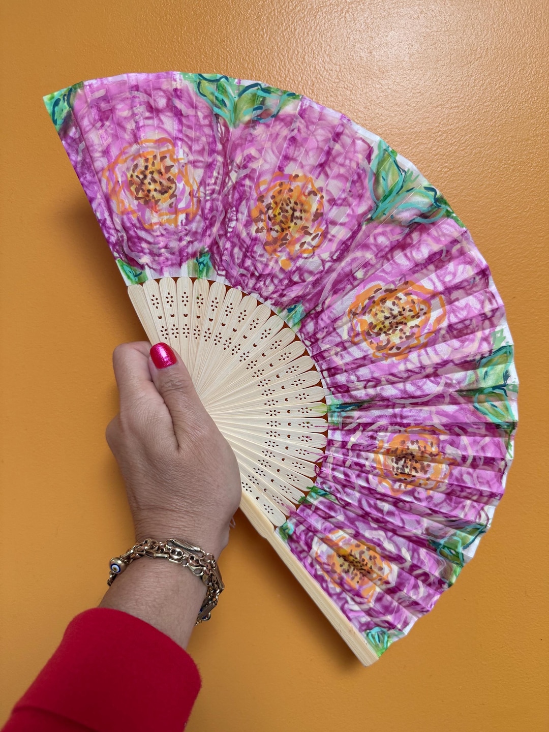 Pink Flower Hand Fan - Roses Designer Silk Hand Fan, Hand Painted Hand ...