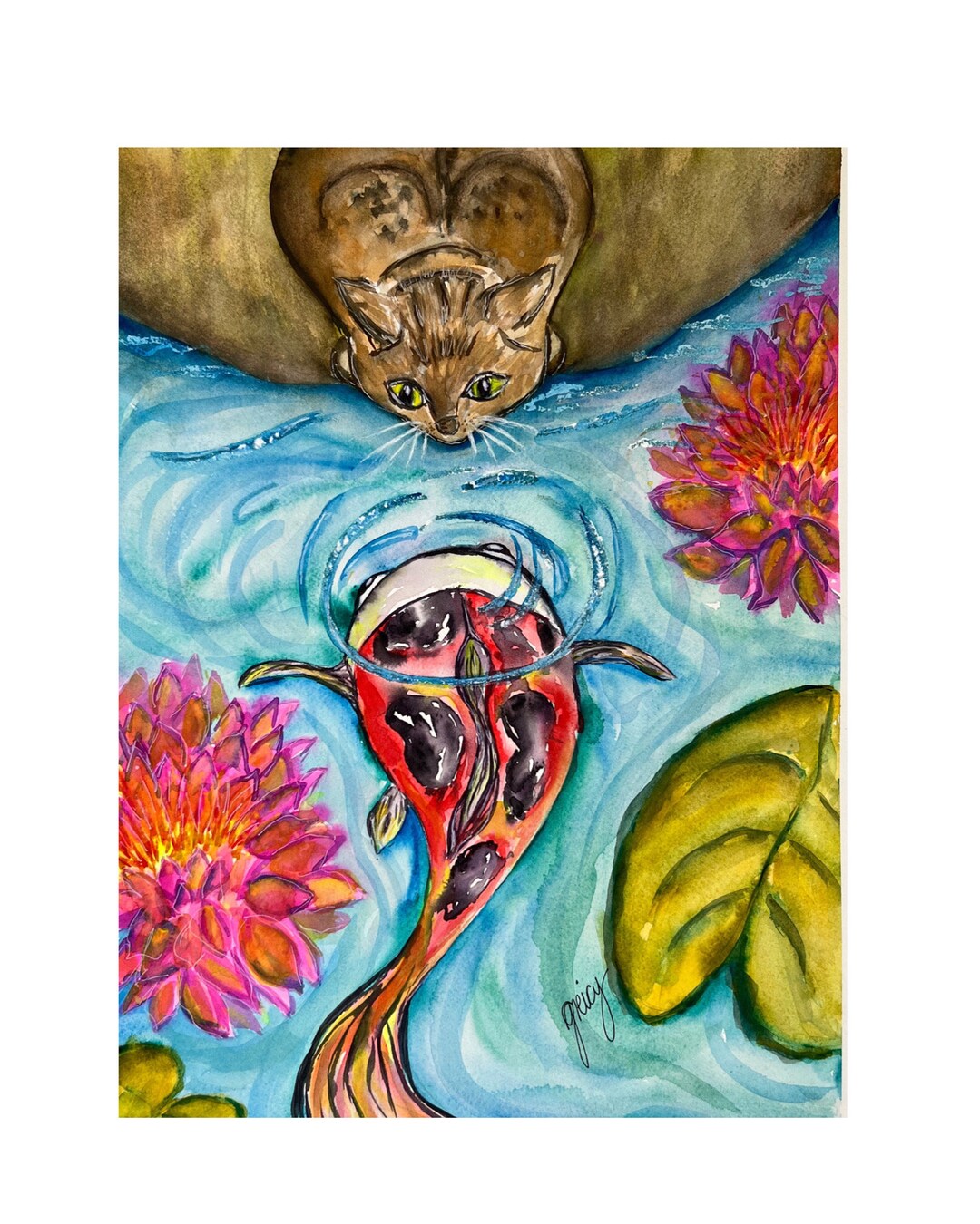 Original Watercolor Cat and Koi Fish Painting: Colorful Floral Wall Art ...
