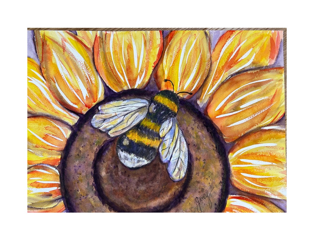 Sunflower and Bee Art Original Sunflower Decor Wall Art - Sunflower ...