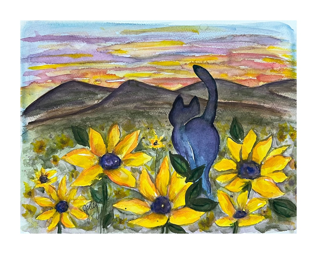 Cat and Sunflower Flower Art - Hand Painted Original Watercolor ...